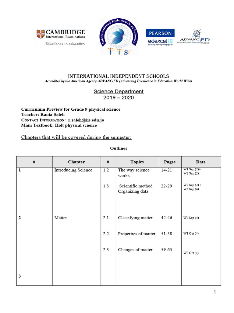 First semester outline Science grade 9 2018 -2019 Student copy (1 ...