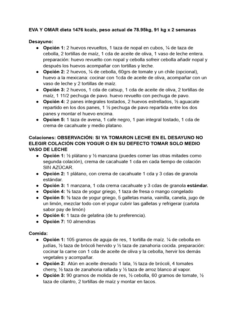 EVA Y OMAR Dieta 1476 Kcals, Peso Actual de 78 | PDF | Alimentos | Cocina