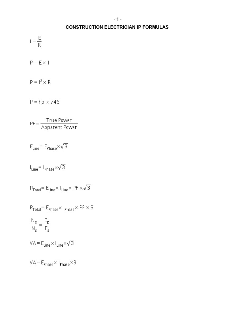Construction Electrician IP Formula Sheet | PDF