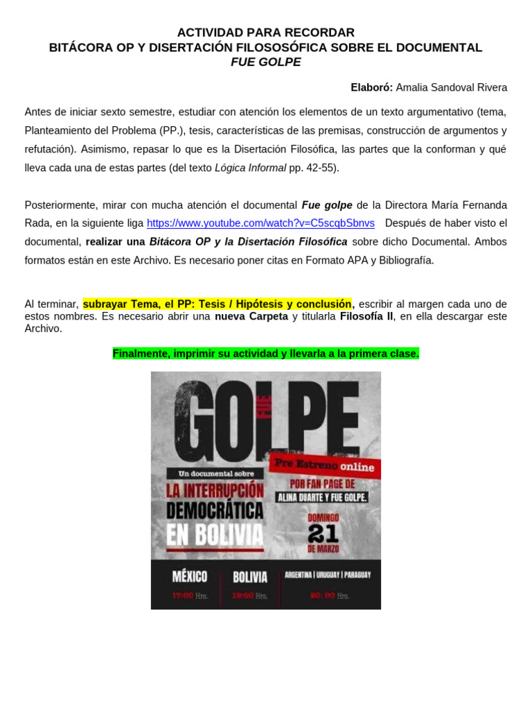 Bitácora Op y Disertación Filosófica Del Documental Fue Golpe | PDF | Bolivia