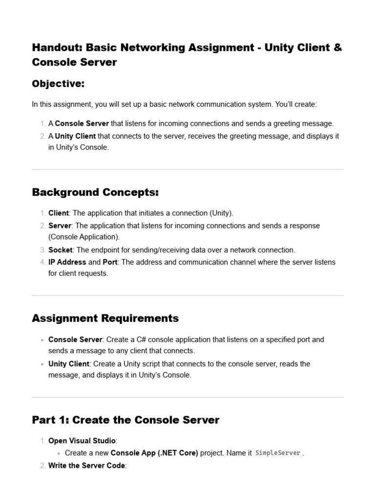 Handout - Basic Networking Assignment - Unity Client and Console Server | PDF | Port (Computer ...
