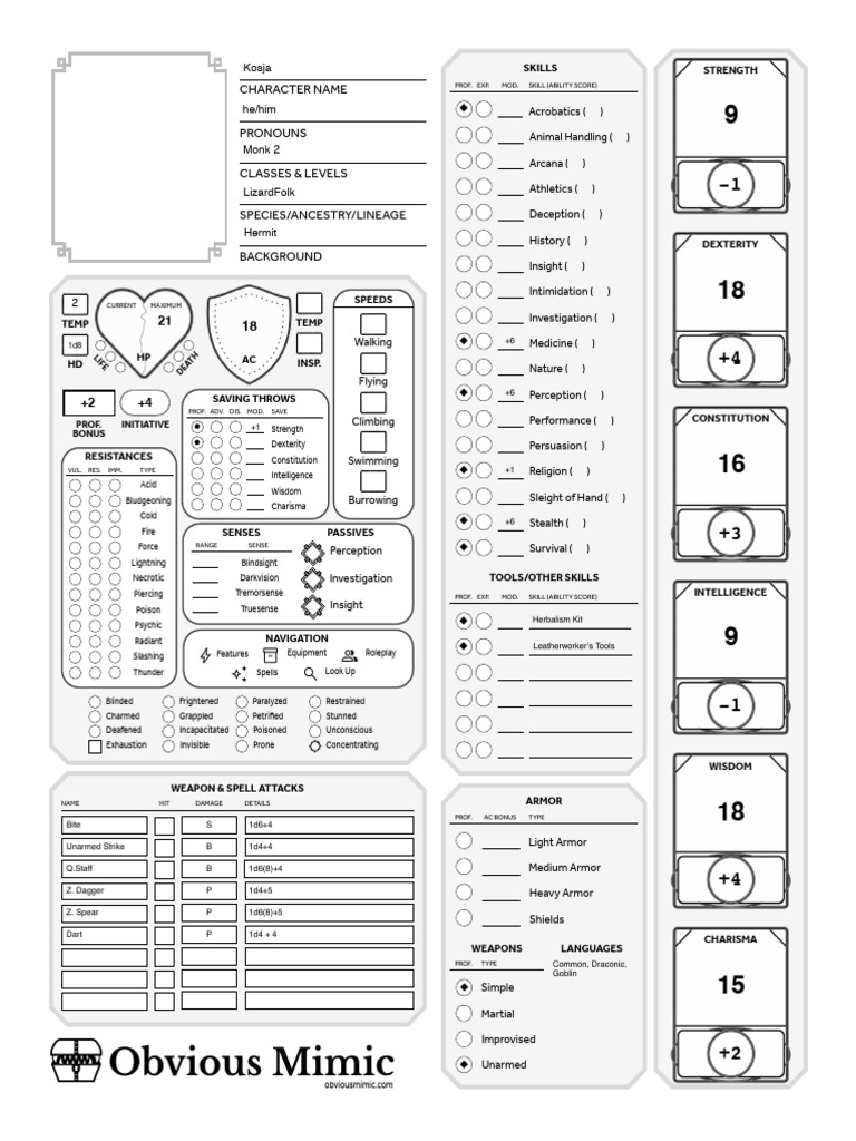 Obvious Mimic Character Sheet Guide | PDF
