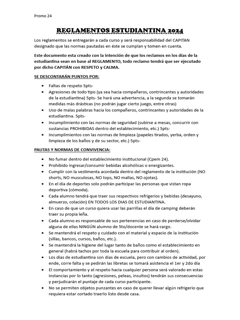 REGLAMENTOS ESTUDIANTINA 2024 | PDF