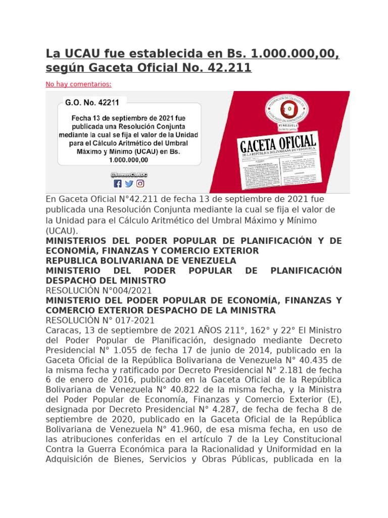 Valor UCAU Fijado en Bs. 1.000.000 | PDF | Venezuela | Gobierno