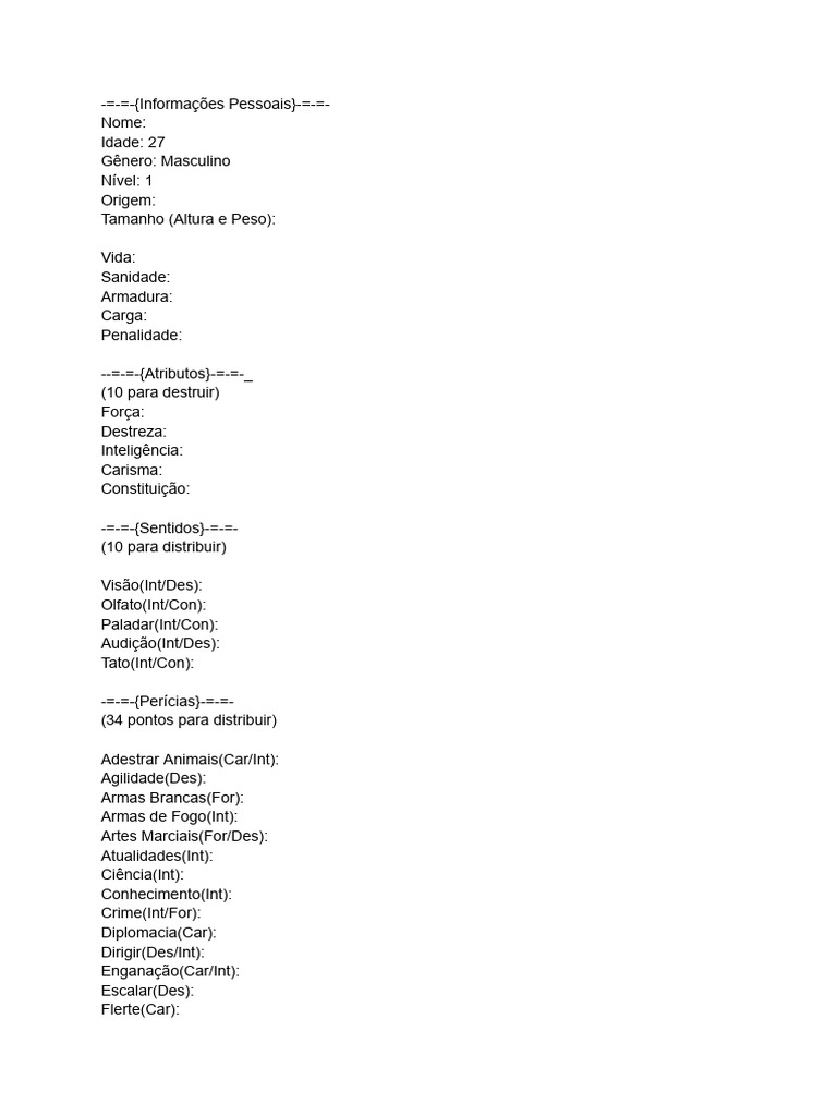 Ficha de Personagem RPG: Atributos e Perícias | PDF