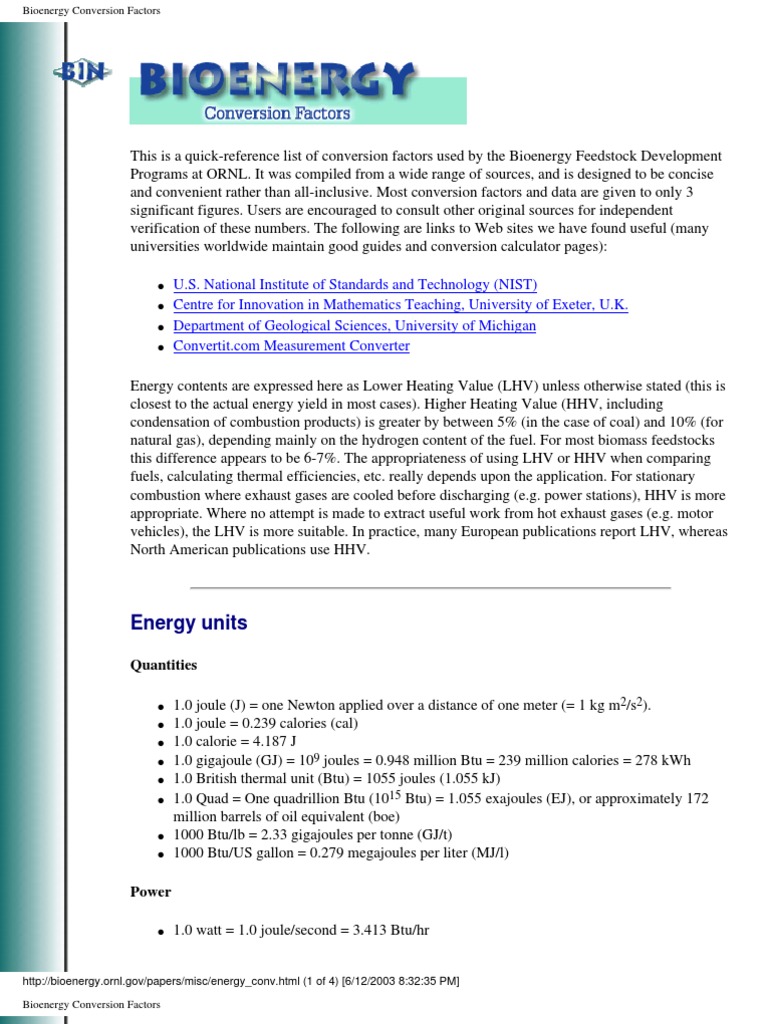 Bioenergy Conversion Factors Guide | PDF | Natural Gas | Coal