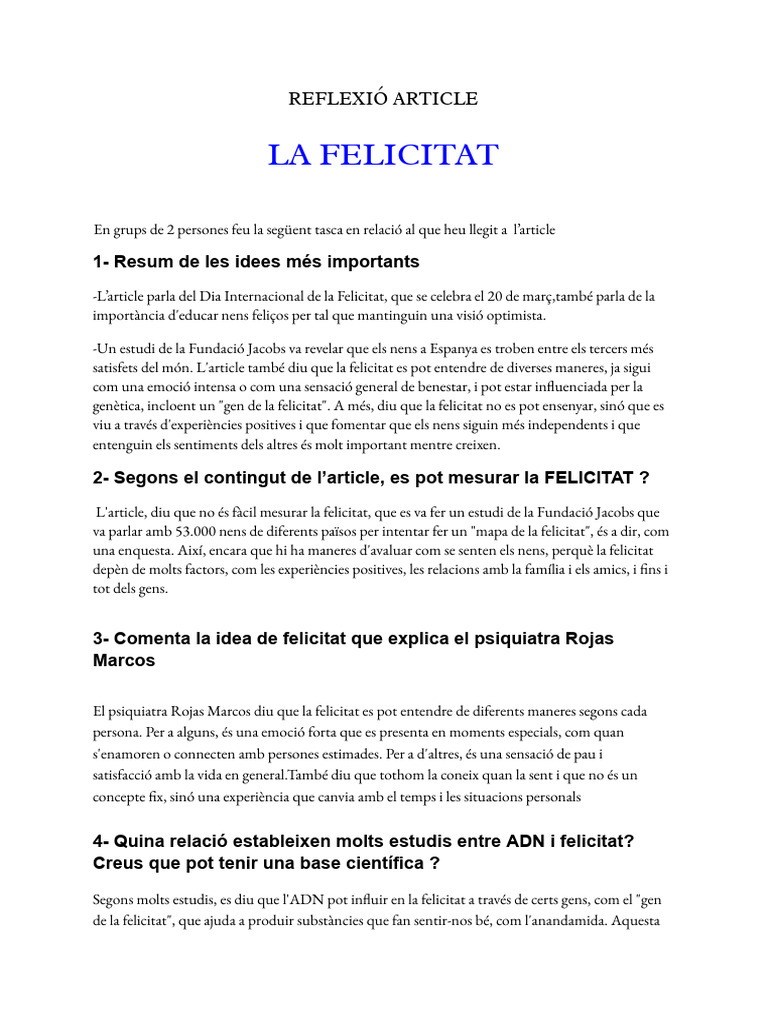 Reflexió Article La Felicitat 1 | PDF
