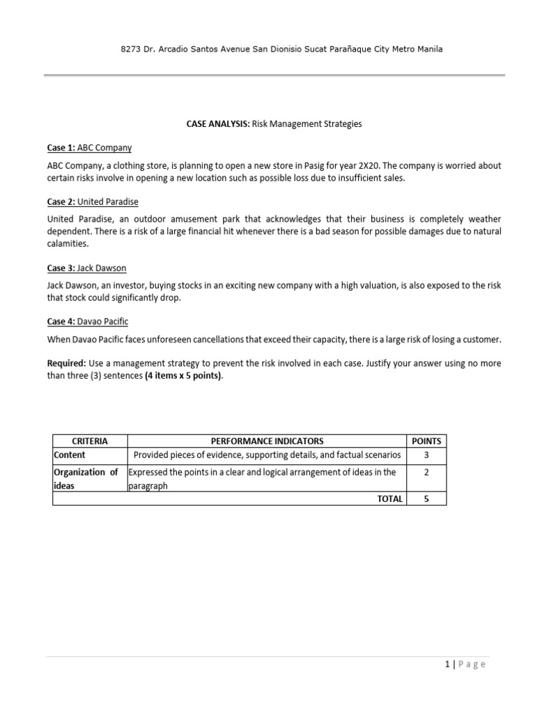 CASE ANALYSIS Risk Management Strategies | PDF