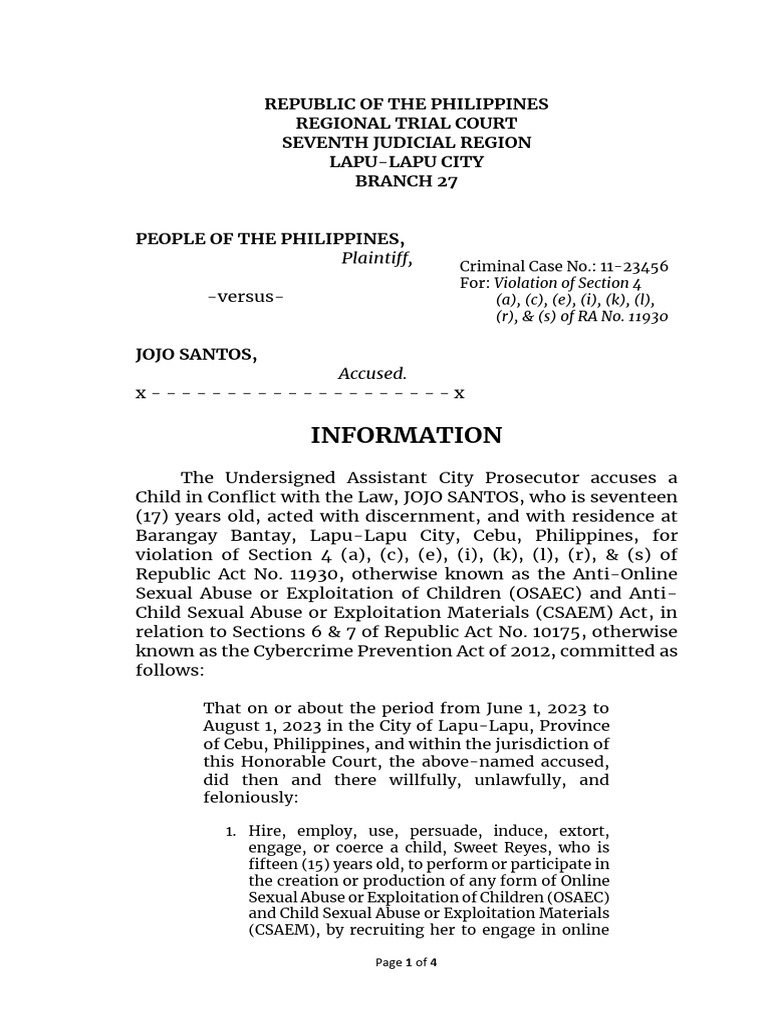 INFORMATION for Violation of RA No. 11930__Group 5 | PDF | Bail | Prosecutor