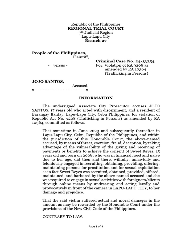 INFORMATION for Violation of RA 9208 as amended by RA 10364__Group 5 ...