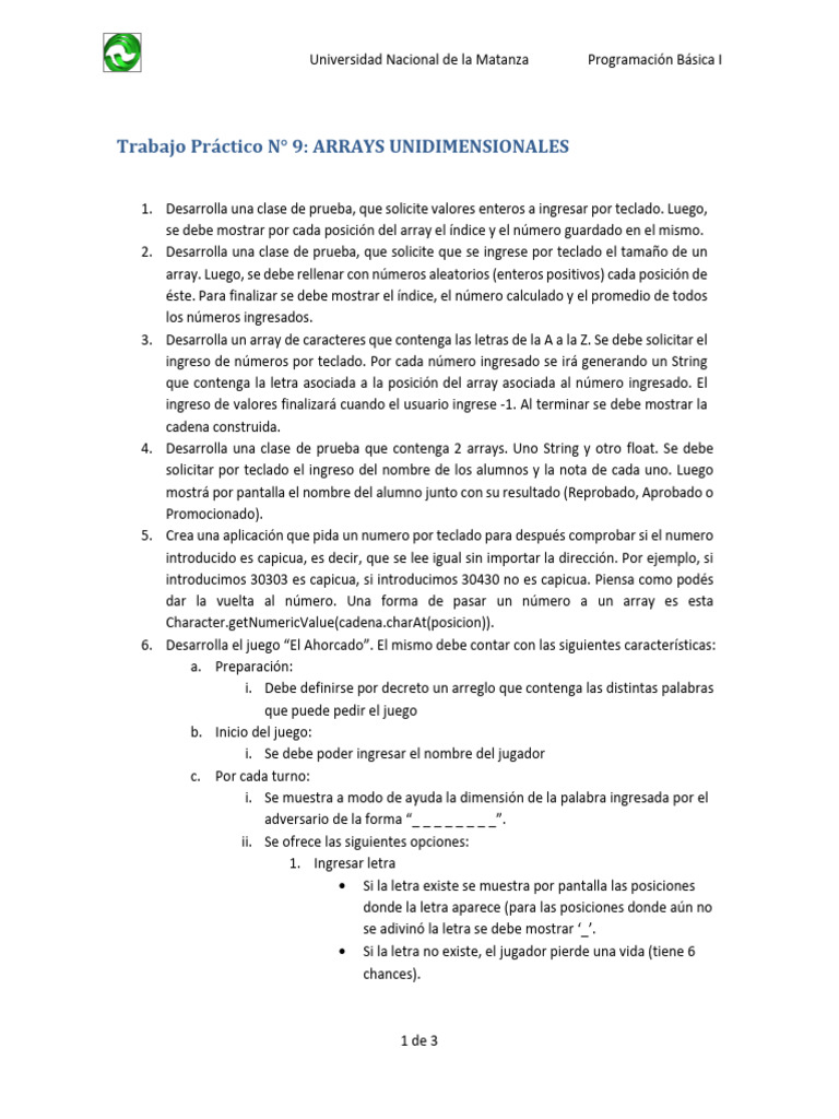 TrabajoPractico-09 - Arrays Unidimensionales | PDF | Programación de computadoras | Ciencias de ...