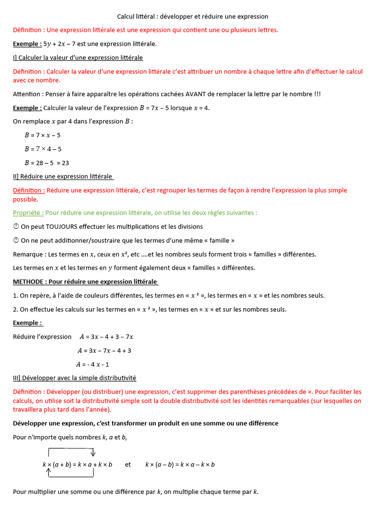Calcul littéral partie 1(2) cours complété en 3ème | PDF | Mathématiques