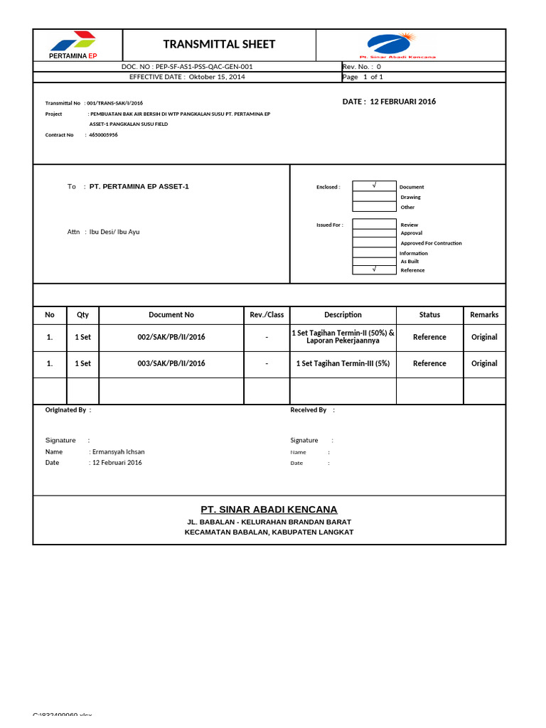 Transmittal Sheet for Pertamina EP Projects | PDF | Specification (Technical Standard) | Applied ...