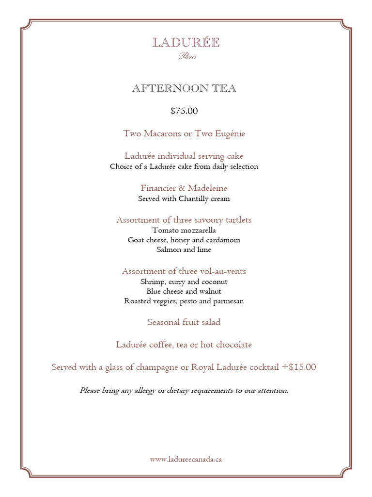 Laduree Yorkdale Afternoon Tea Menu 2024 | PDF