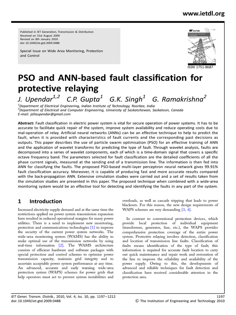 15 - PSO and ANN-based Fault Classification For Protective Relaying | PDF | Wavelet | Artificial ...