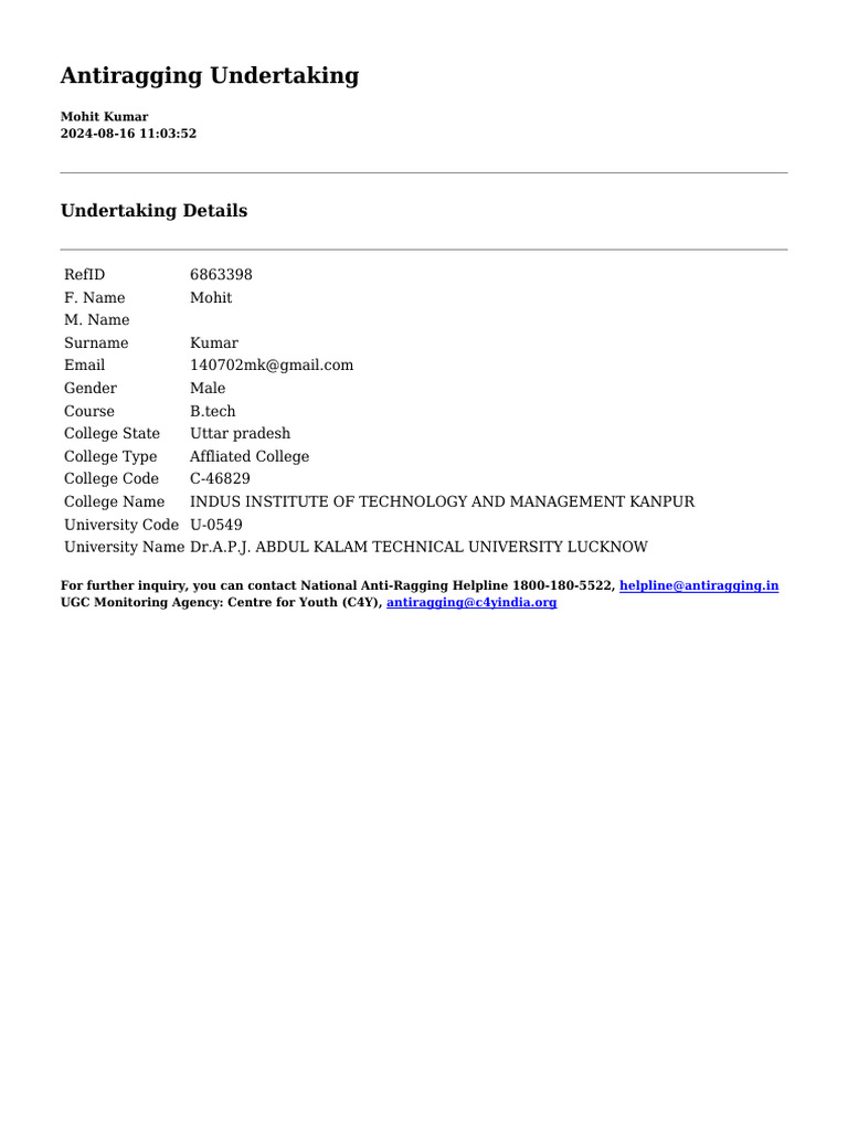 Anti Ragging Affidavit Form | PDF