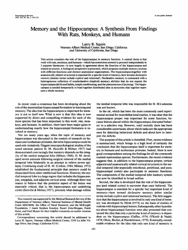 Hippocampus Role in Memory Systems | PDF | Hippocampus | Amnesia