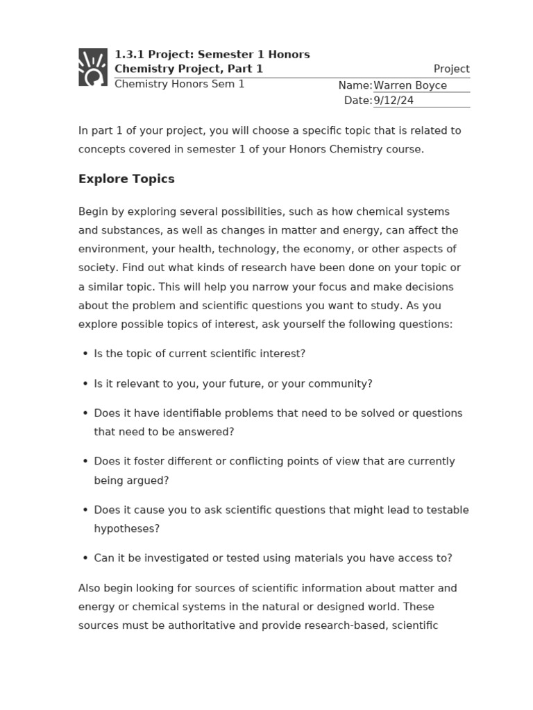 1.3.1 Project Part 1 Chemistry | PDF | Cognition | Science