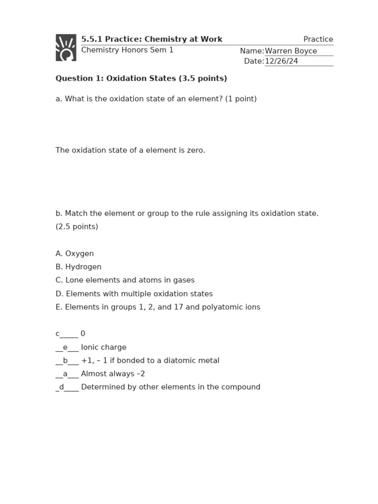 5.5.1 Practice Chemistry | PDF | Redox | Chemical Reactions