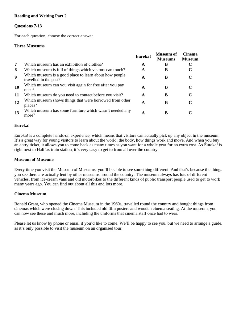 K - Reading PART 2 - Matching III | PDF | Museum