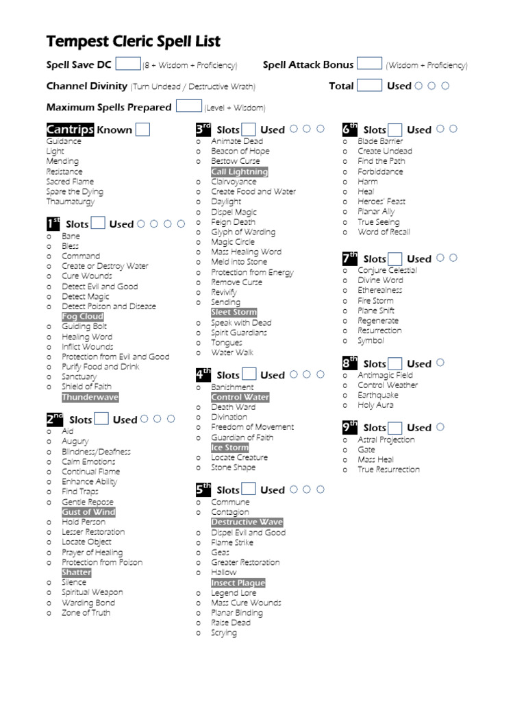 Tempest Cleric Spell List | PDF