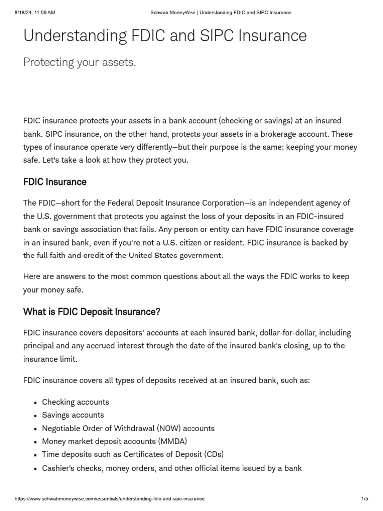 Schwab MoneyWise - Understanding FDIC and SIPC Insurance | PDF ...