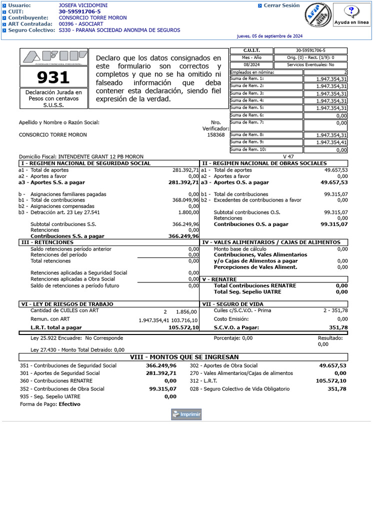 Declaración en Línea Formulario F.931 | PDF
