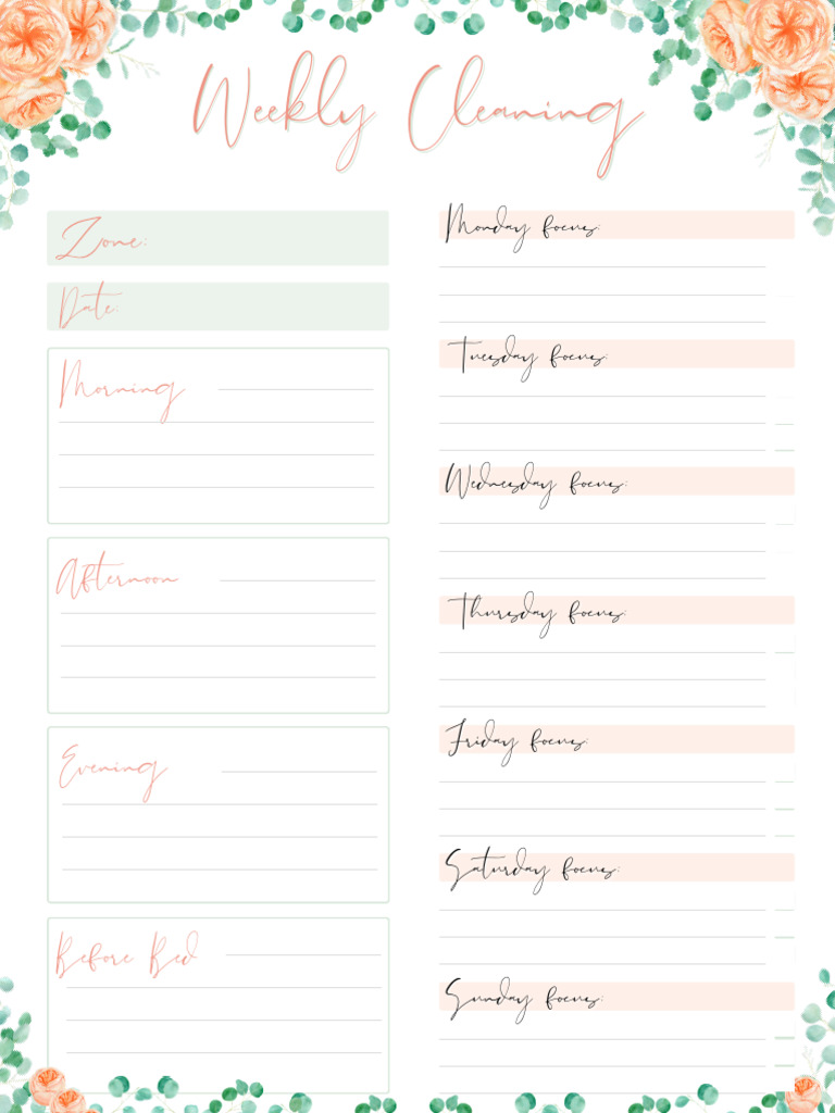 Flylady Weekly Cleaning Portrait USL - FILLABLE PDF | PDF