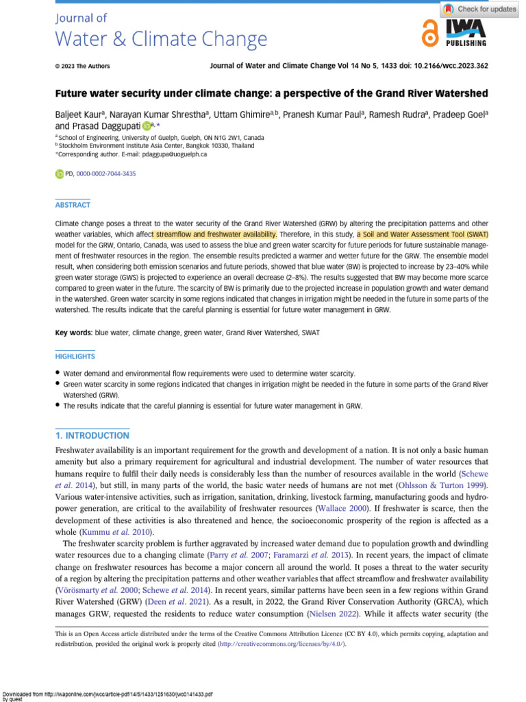 Future Water Security Under Climate Change - A Perspective of The Grand ...