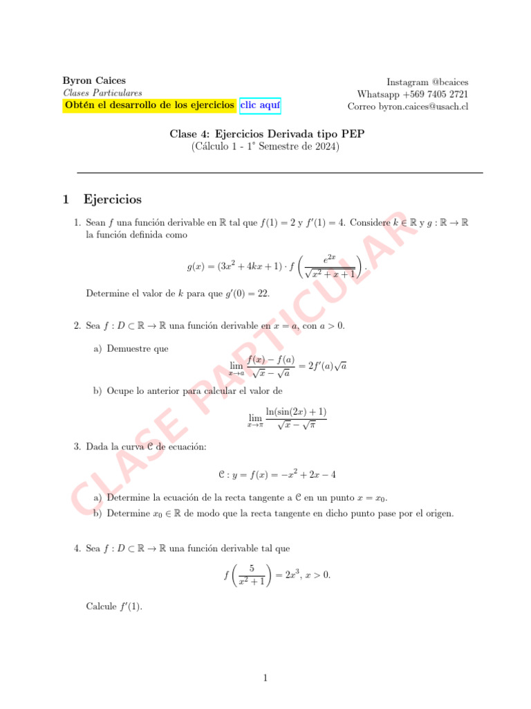 Cálculo 1 Clase 4 Ejercicios Avanzados para La PEP | PDF | Derivado | Función (Matemáticas)