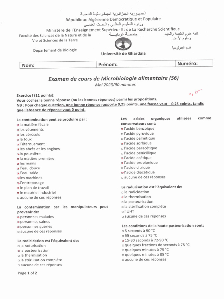 Examen1 Microbiologie Alimentaire | PDF