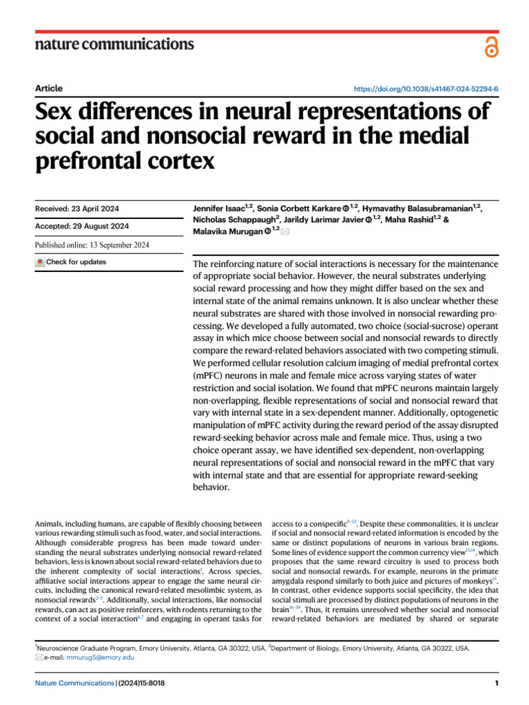 Sex Differences in mPFC Reward Processing | PDF | Reward System | Prefrontal Cortex