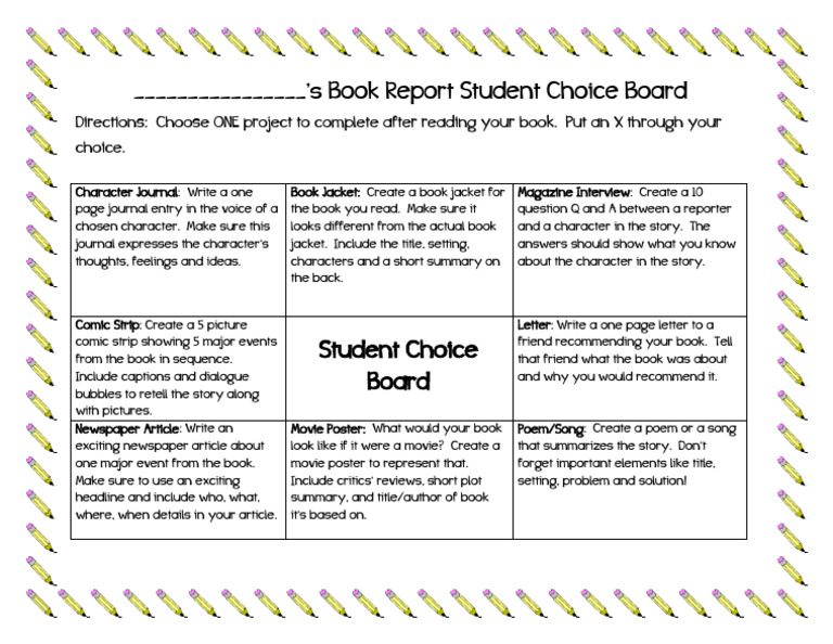 'S Book Report Student Choice Board | PDF