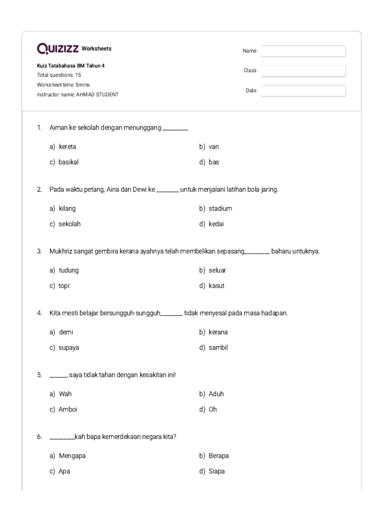 Kuiz Tatabahasa BM Tahun 4 - Quizizz | PDF