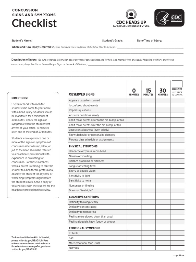 TBI Schools Checklist 508-A | PDF | Concussion | Human Diseases And ...