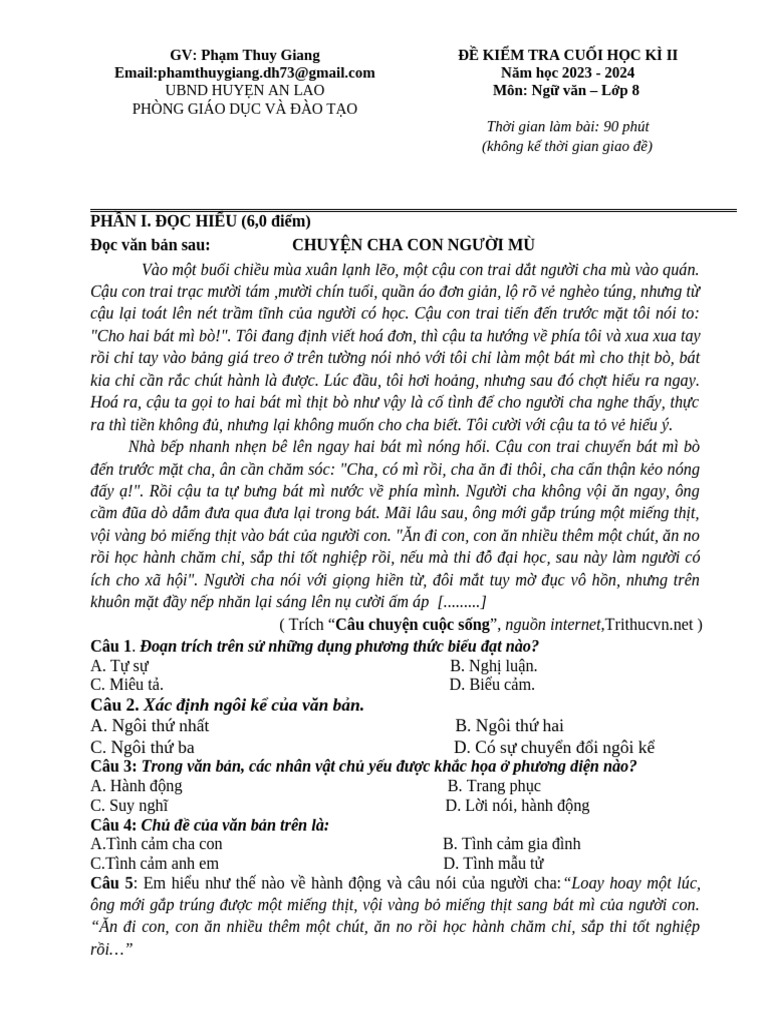 V8.HK2.Truyên. Cha con người mù, phân tích truyện | PDF