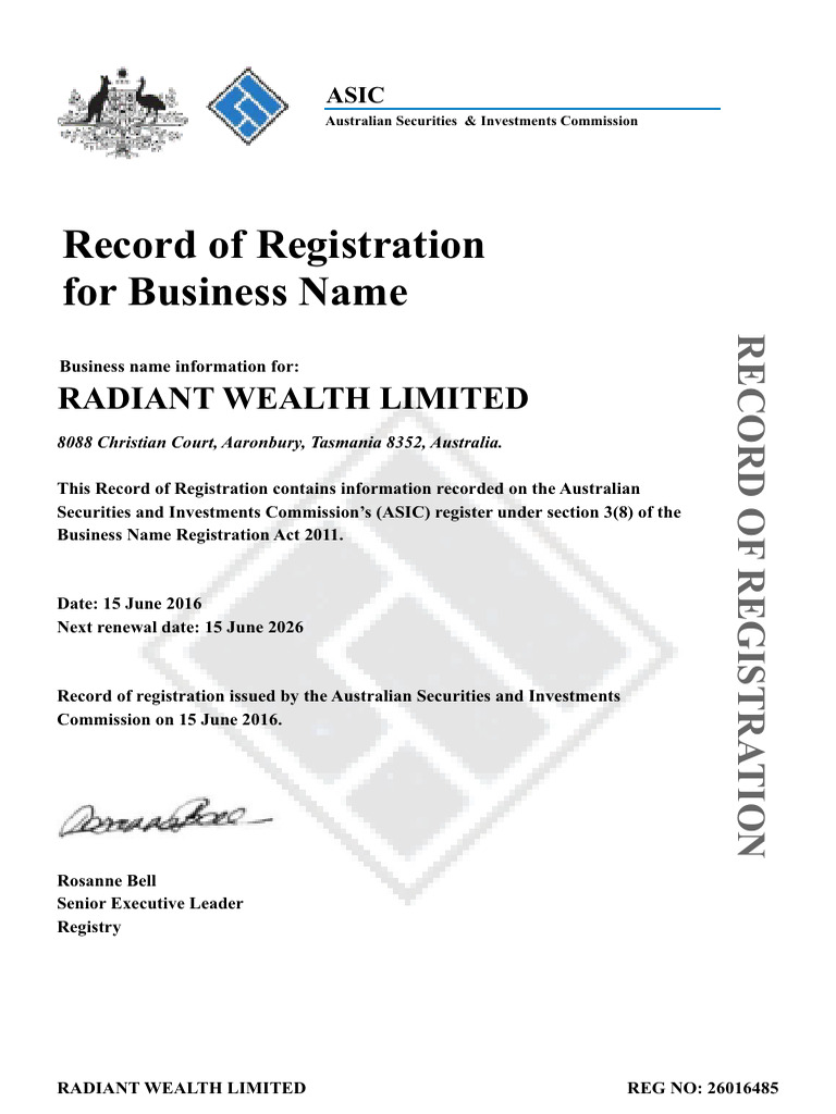 ASIC Business Name Registration: Radiant Wealth | PDF