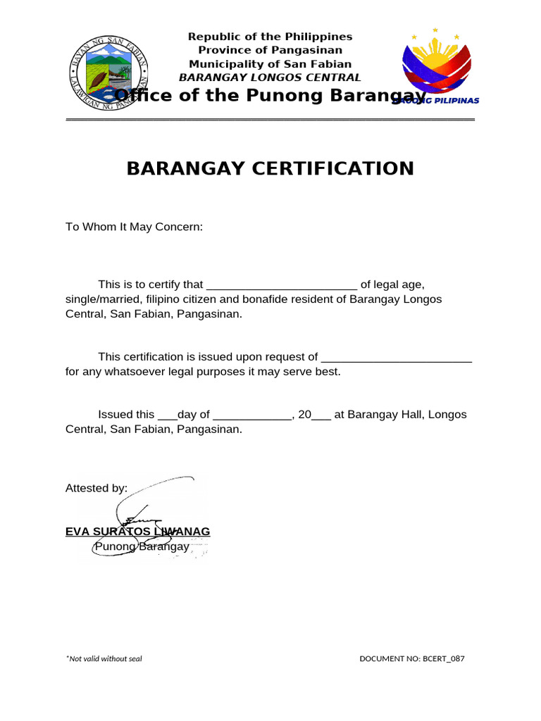 BARANGAY CERTIFICATION | PDF | Philippines