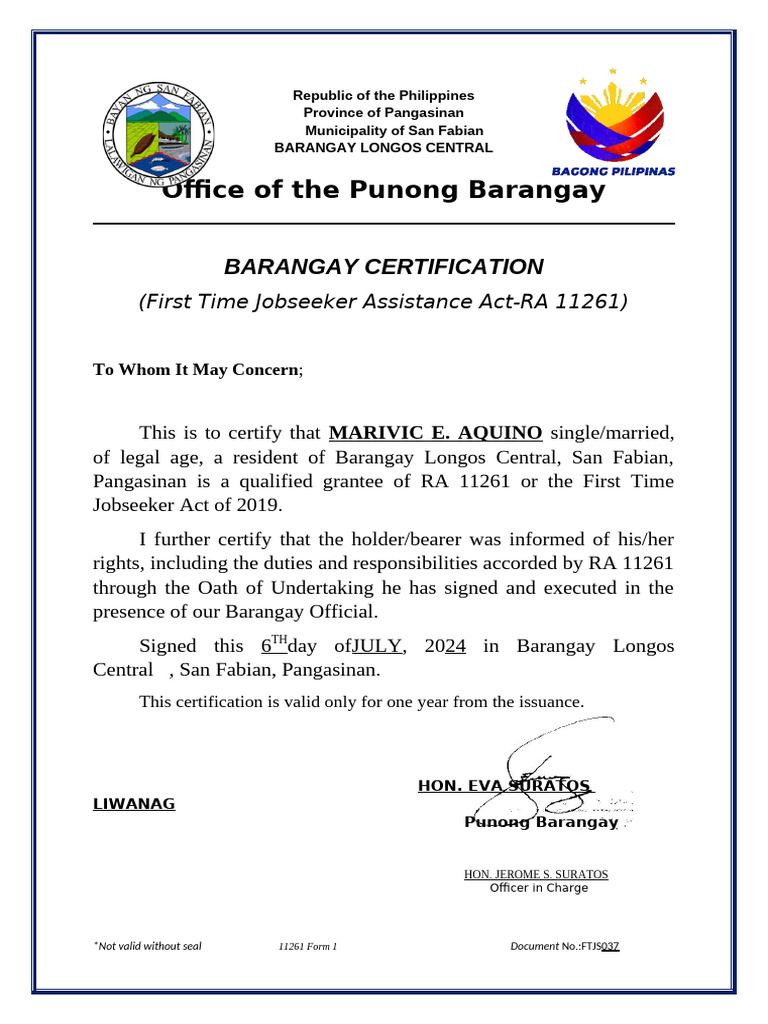 BARANGAY CERTIFICATION (1st Time JobSeeker) | PDF