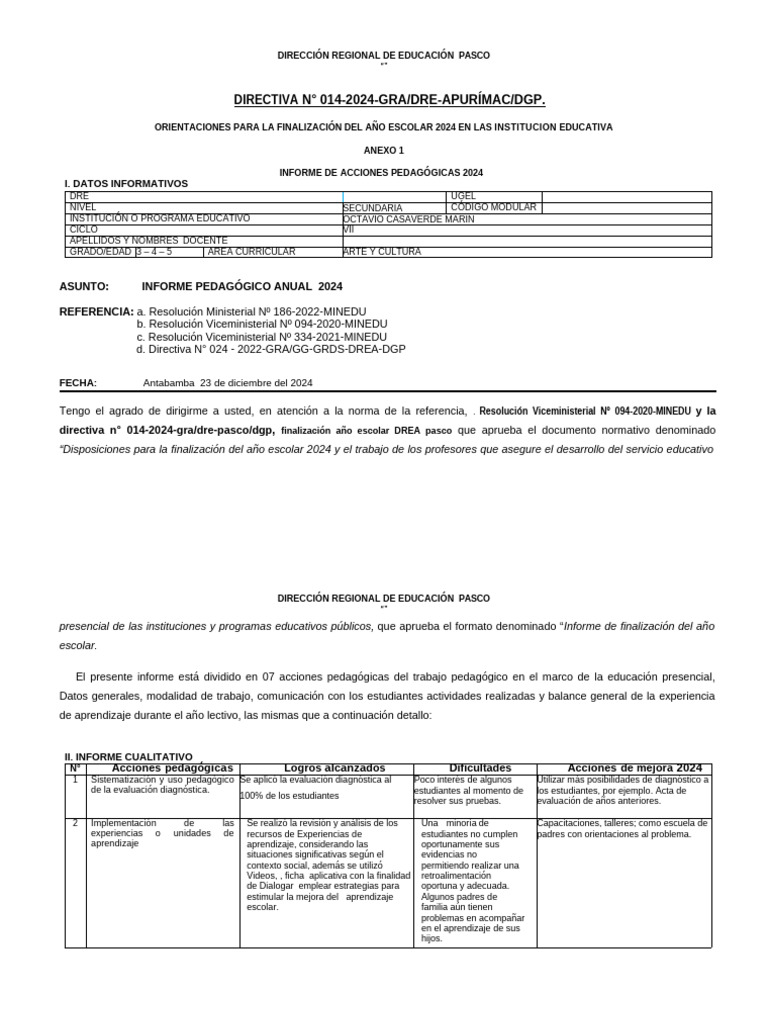 Informe - Arte y Cultura | PDF | Aprendizaje | Evaluación