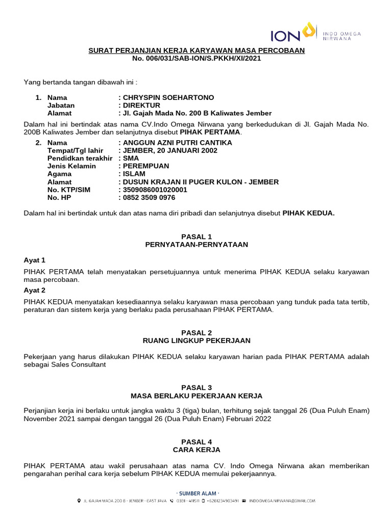 SURAT PERJANJIAN KERJA KARYAWAN MASA PERCOBAAN | PDF SURAT PERJANJIAN KERJA KARYAWAN MASA PERCOBAAN | PDF
