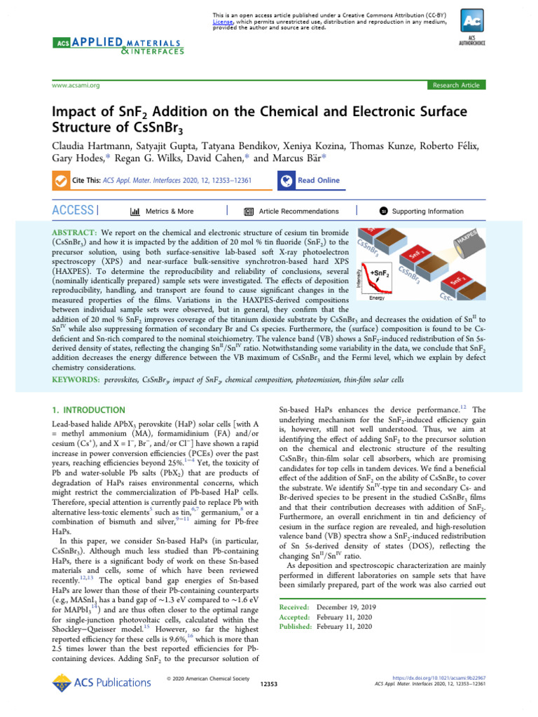 Imoact of SnF2 Addition on CsSnBr3 | PDF | X Ray Photoelectron ...