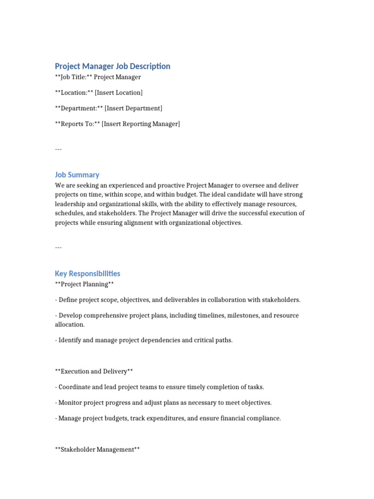 Project Manager Job Description Template | PDF | Project Management ...