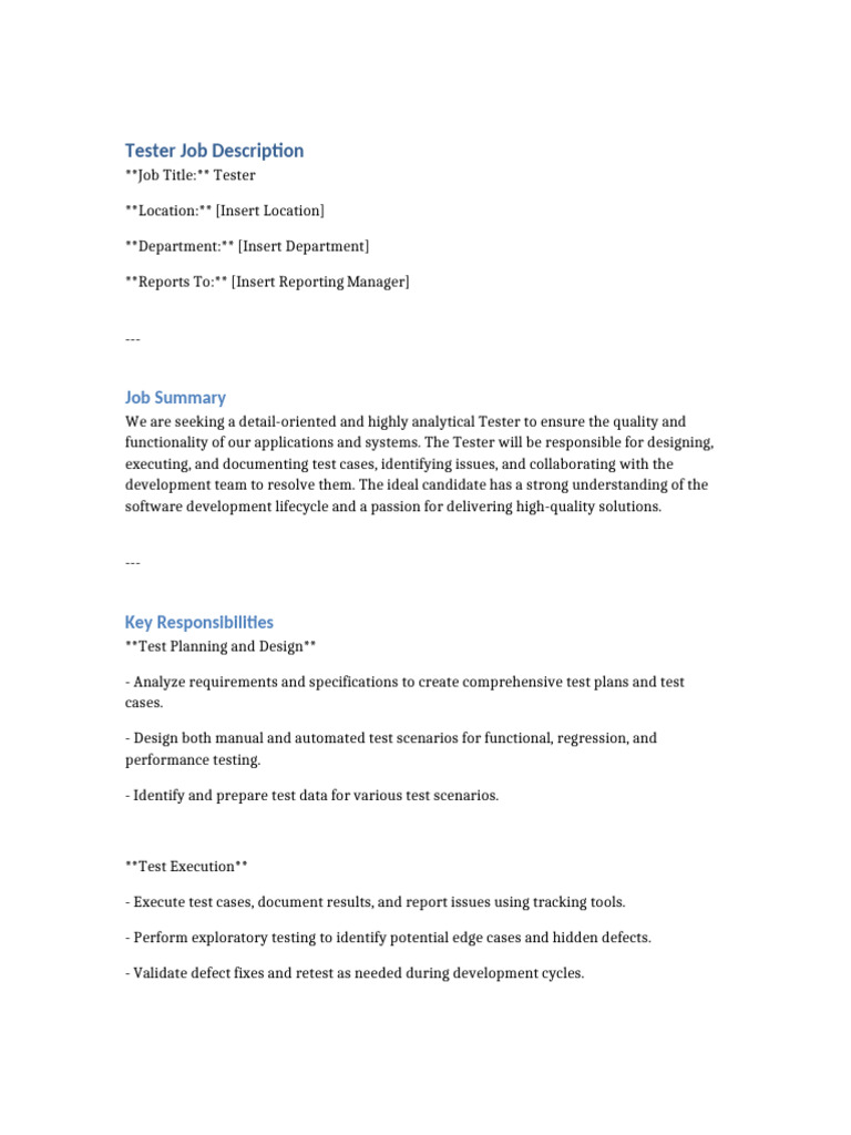 Tester Job Description | PDF