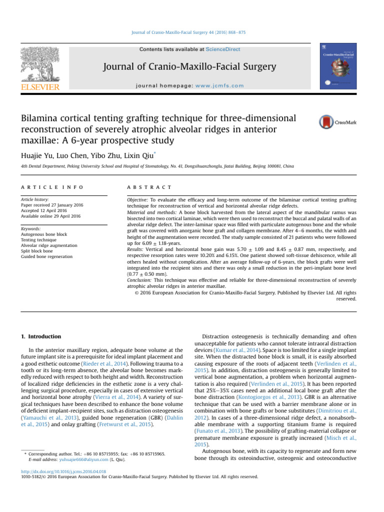 Journal of Cranio-Maxillo-Facial Surgery: Huajie Yu, Luo Chen, Yibo Zhu ...