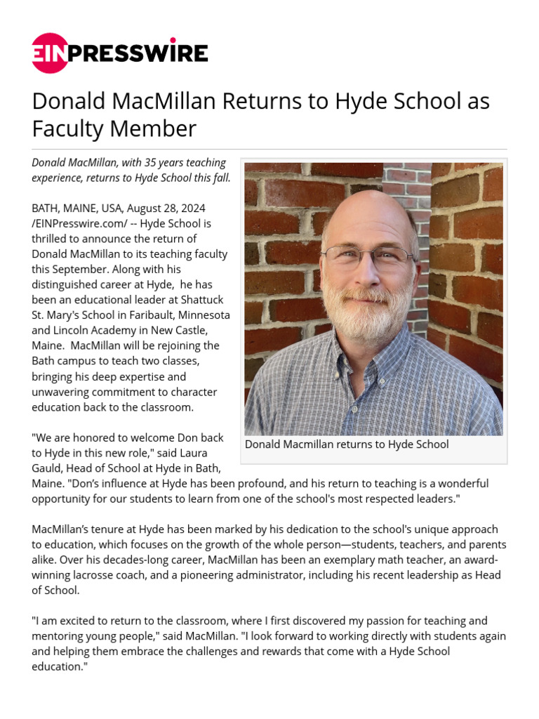 Donald Macmillan Returns To Hyde School As Faculty Member | PDF