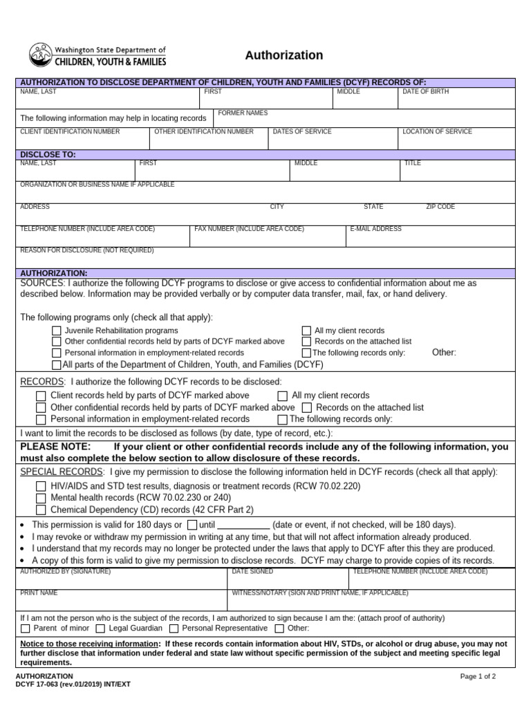 DCYF Records Disclosure Authorization Form | PDF | Confidentiality ...