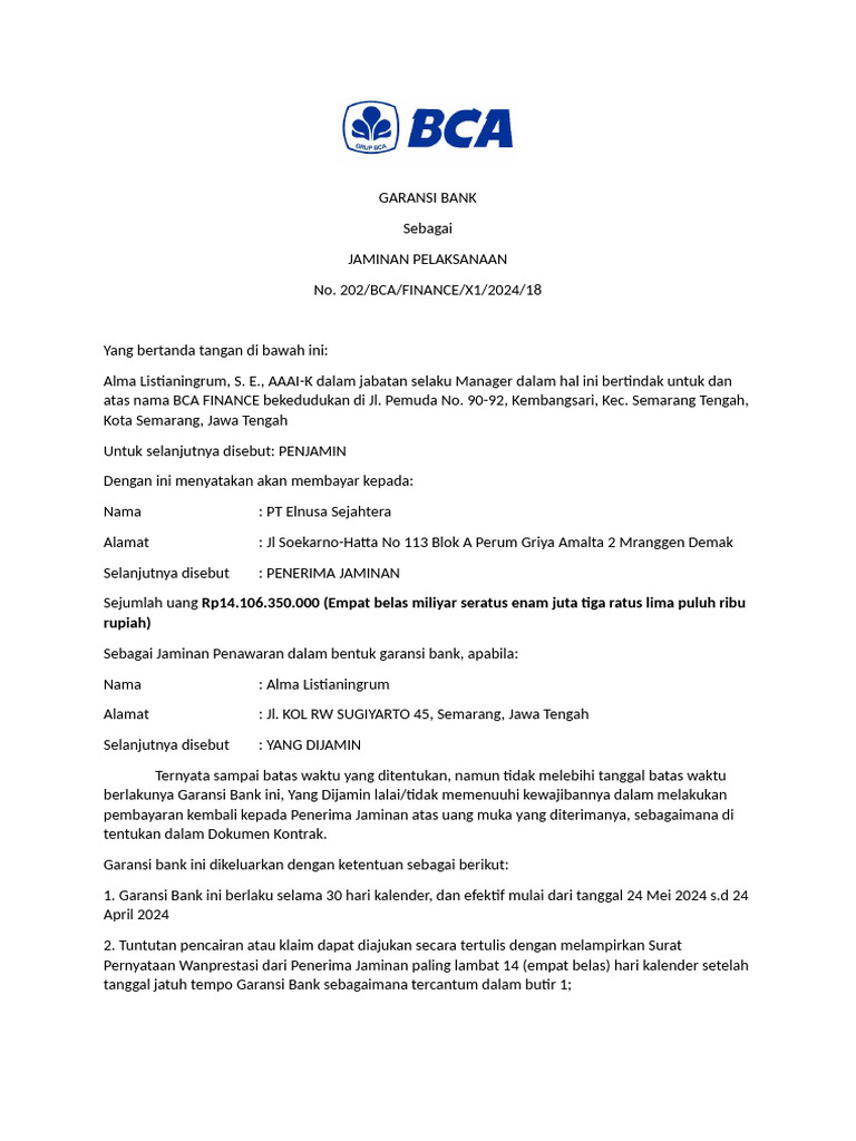 Surat Jaminan Uang Muka Dari Bank ELNUSA | PDF