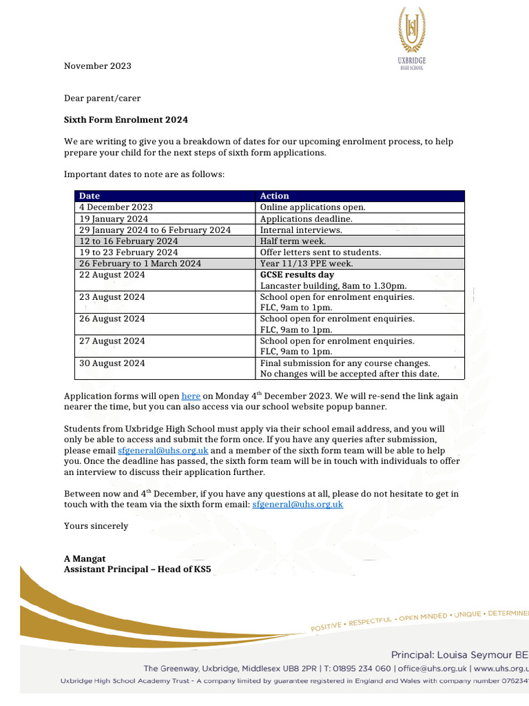 Year 11 Sixth Form Enrolment Process Letter 2024.313233883 | PDF