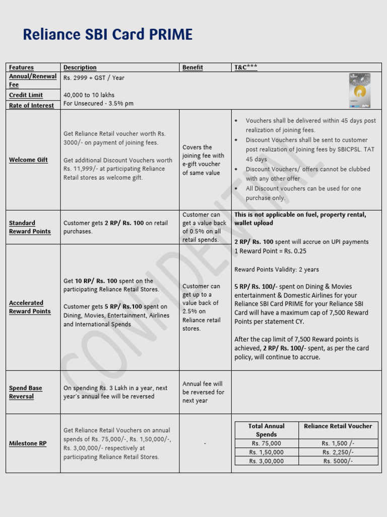 One Pager Reliance SBI Card Prime 281023 | PDF | Fee | Credit Card